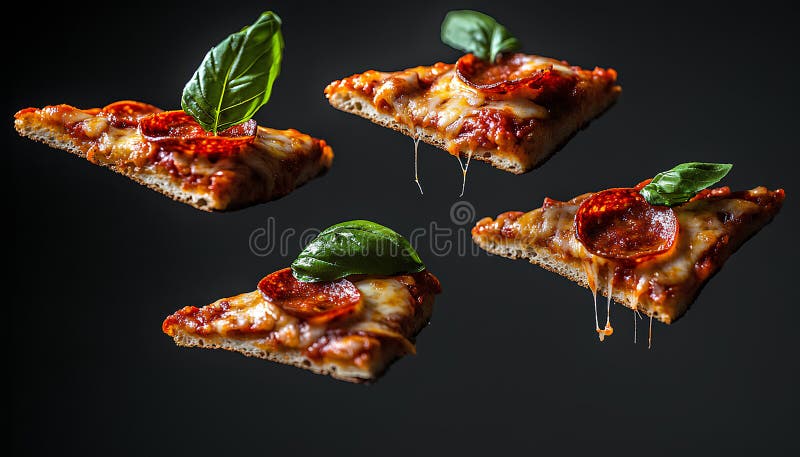 Four Appetizing Pepperoni Pizza Slices with Melted Cheese and Basil ...