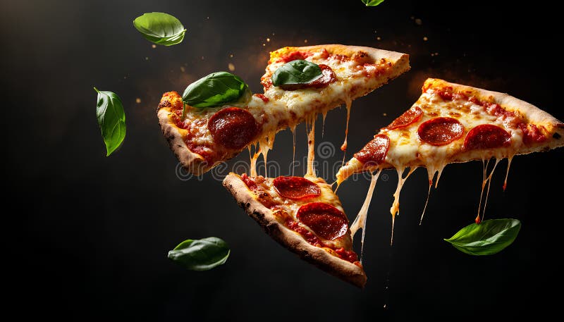 Four Appetizing Pepperoni Pizza Slices with Melted Cheese and Basil ...