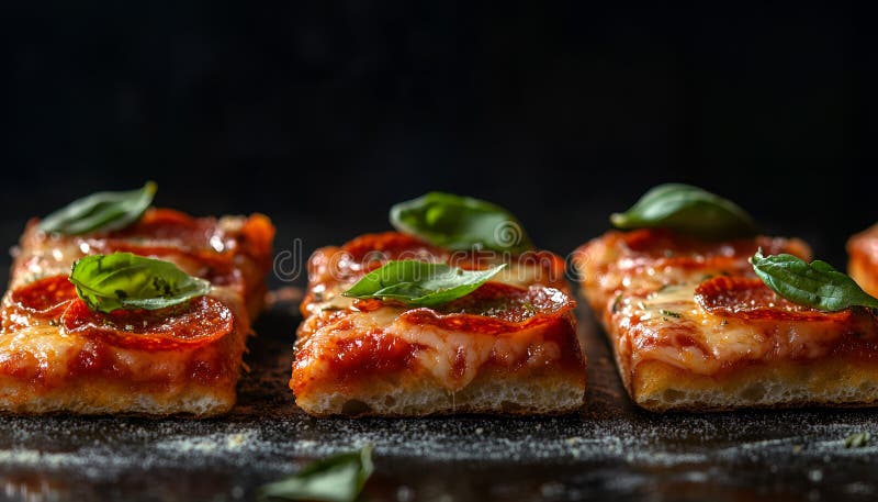 Four Appetizing Pepperoni Pizza Slices with Melted Cheese and Basil ...