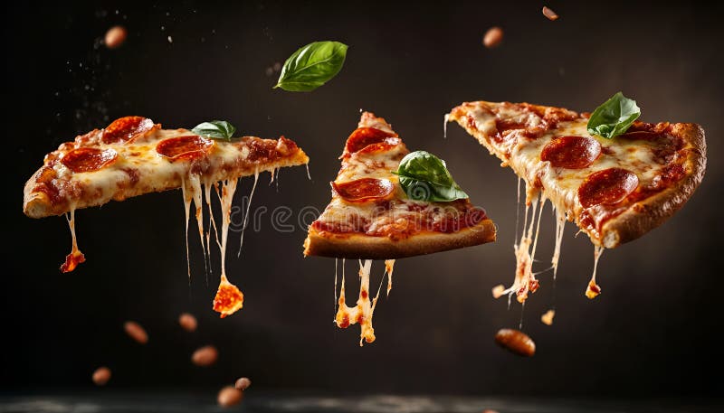 Four Appetizing Pepperoni Pizza Slices with Melted Cheese and Basil ...
