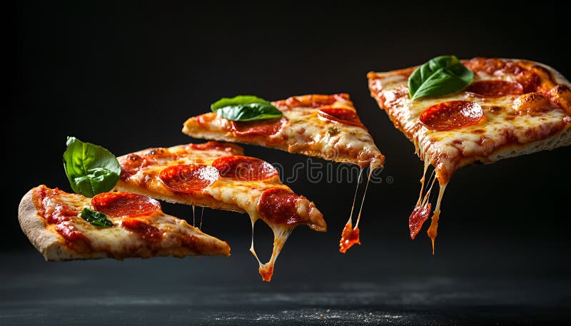 Four Appetizing Pepperoni Pizza Slices with Melted Cheese and Basil ...