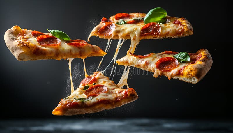 Four Appetizing Pepperoni Pizza Slices with Melted Cheese and Basil ...