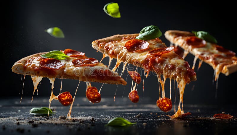 Four Appetizing Pepperoni Pizza Slices with Melted Cheese and Basil ...