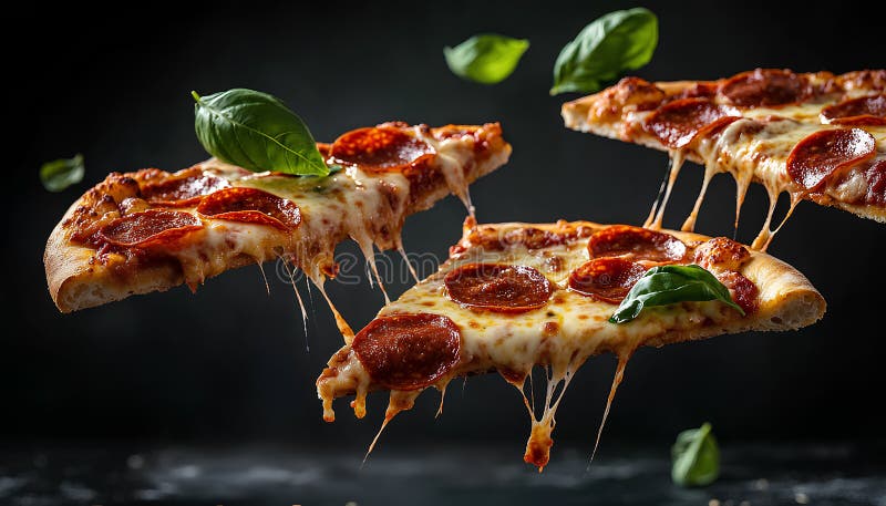 Four Appetizing Pepperoni Pizza Slices with Melted Cheese and Basil ...
