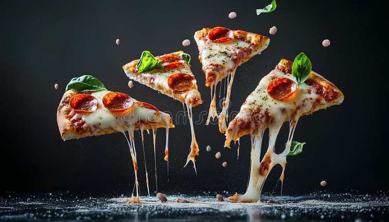 Four Appetizing Pepperoni Pizza Slices with Melted Cheese and Basil ...