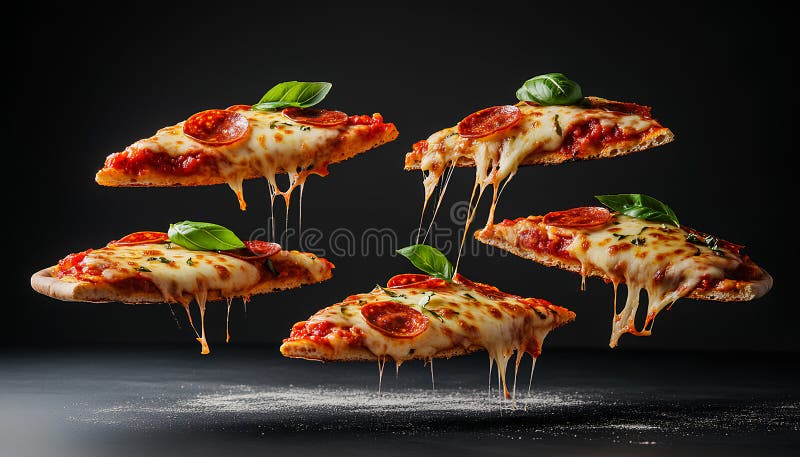 Four Appetizing Pepperoni Pizza Slices with Melted Cheese and Basil ...