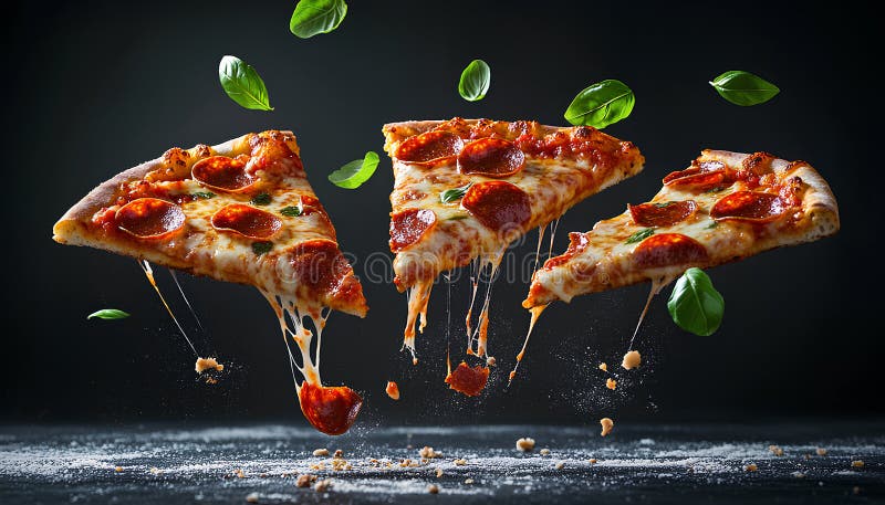 Four Appetizing Pepperoni Pizza Slices with Melted Cheese and Basil ...