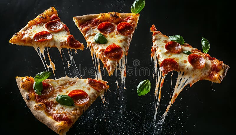 Four Appetizing Pepperoni Pizza Slices with Melted Cheese and Basil ...