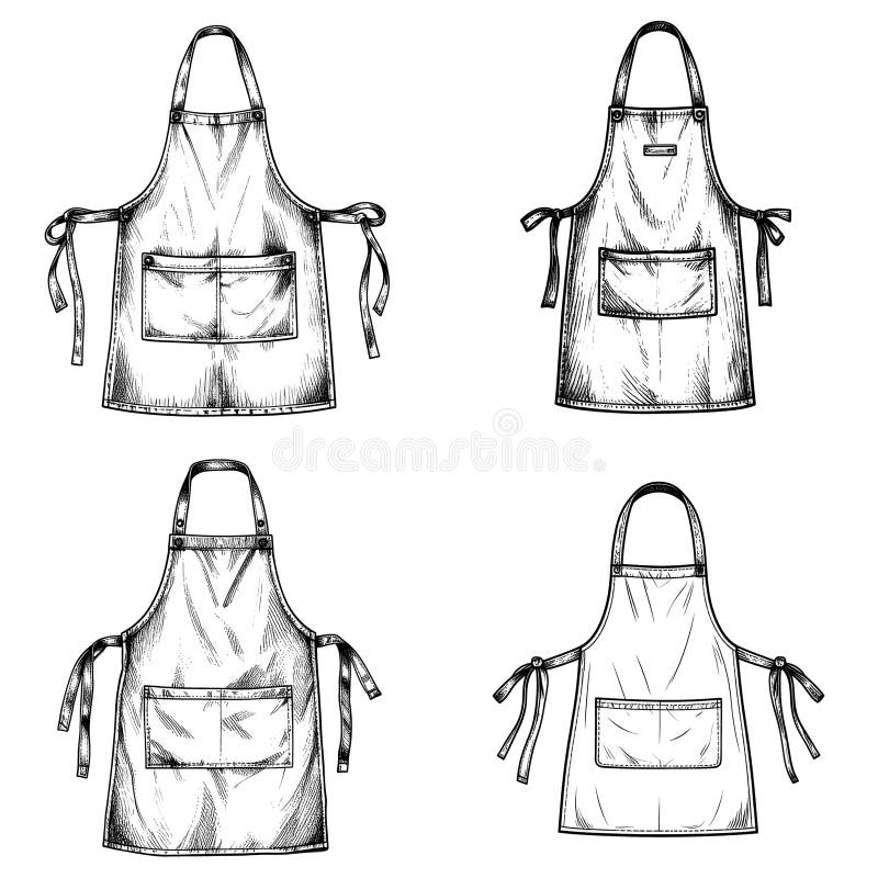 Four Apron Illustrations: Black and White Line Drawings Stock Image ...