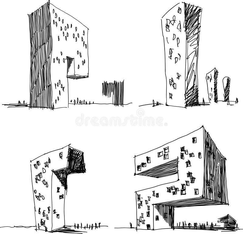 Four Sketches of Abstract Modern Architecture with Green and Trees ...