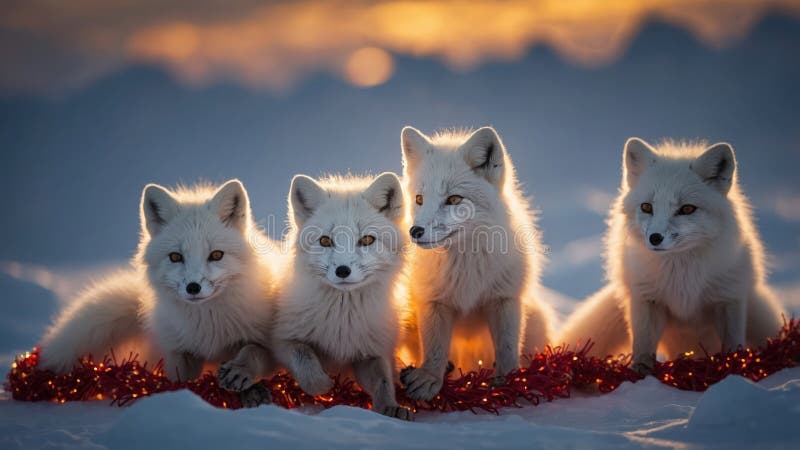 Adorable Arctic Fox Family at Sunset Stock Illustration - Illustration ...
