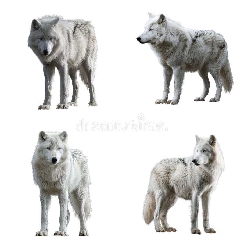 Four Arctic Wolves in Different Poses Against a White Background Stock ...