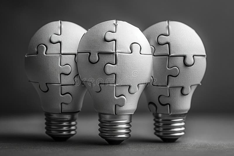 Four Arms In Monochrome Effect Creating Lightbulb From Puzzle Pieces Composite Collage Stock