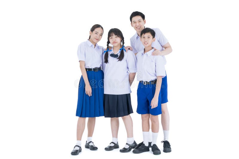 Four Asian Students Standing in a Row in the Studio, Isolated in White ...