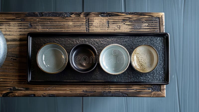 Four Assorted Ceramic Tea Cups on a Rustic Wooden Tray Stock Photo ...