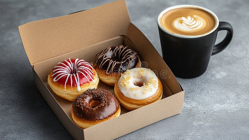Four Assorted Donuts in a Box Next To a Latte Stock Illustration ...