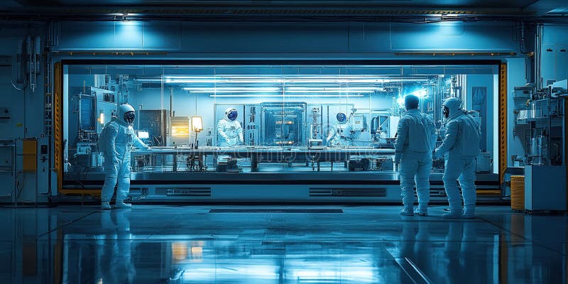 Four Astronauts Collaborate in a High-tech Lab Environment Preparing for Space Exploration Stock ...