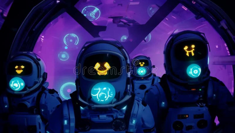 Four Astronauts in Spacesuits with Glowing Smiley Faces on Their Visors ...