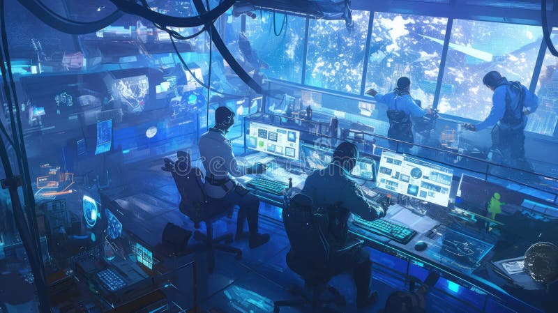 Four Astronauts Work at a Control Panel in a Futuristic Space Station ...