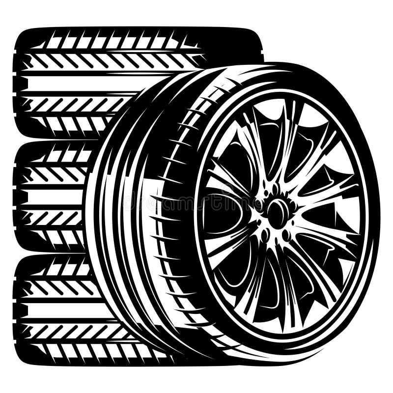 Four Automobile Rubber Tires with Discs. Vector Monochrome Illustration ...