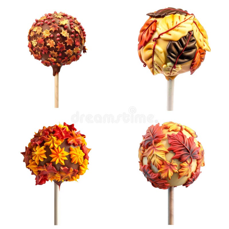 Four Autumn-Themed Cake Pops with Leaf Decorations Stock Illustration ...