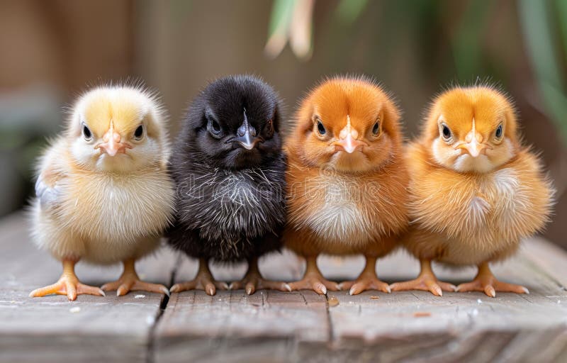 Four Baby Chicks Sit on Wooden Table. Four Cute Baby Chickens Stock ...