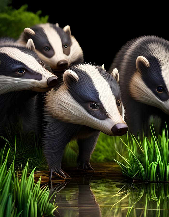 A Set of Badgers Exploring a River Stock Illustration - Illustration of ...