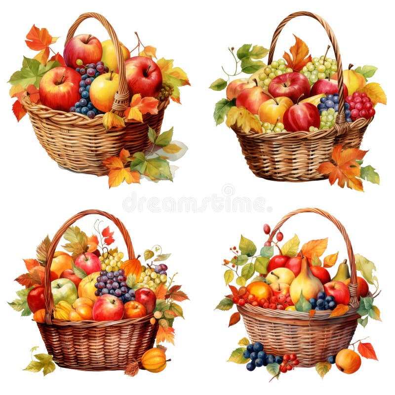 Four Baskets of Autumn Fruits and Fall Foliage Stock Photo ...