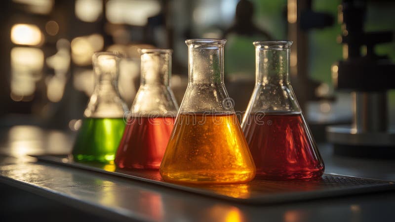 Four Beakers Colorful Liquids Lab Setting Stock Photos - Free & Royalty ...