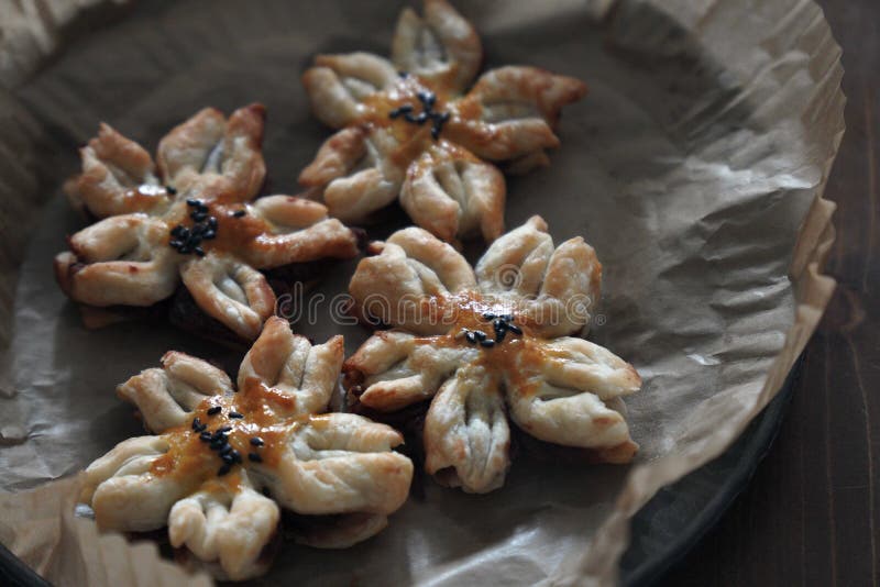 Four Bean Paste Pancakes Like Flowers in the Baking Pan Stock Image ...