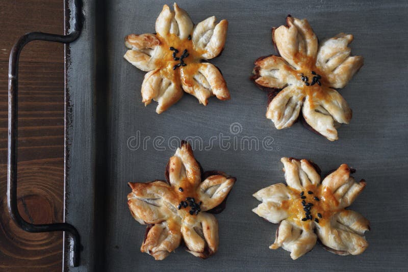 Four Bean Paste Pancakes Like Flowers in the Baking Pan Stock Image ...