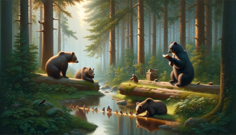 Four Bears Engage in Various Activities Near a Serene Forest Stream ...