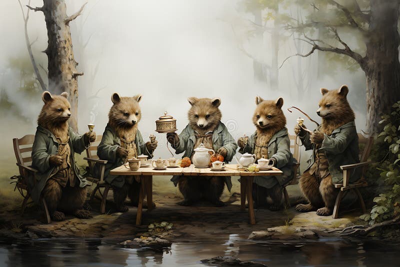 Four Bears Enjoying Afternoon Tea in the Woods Stock Illustration ...