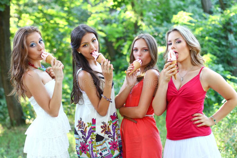 Four Beautiful Friends with Ice-cream Stock Photo - Image of cream ...