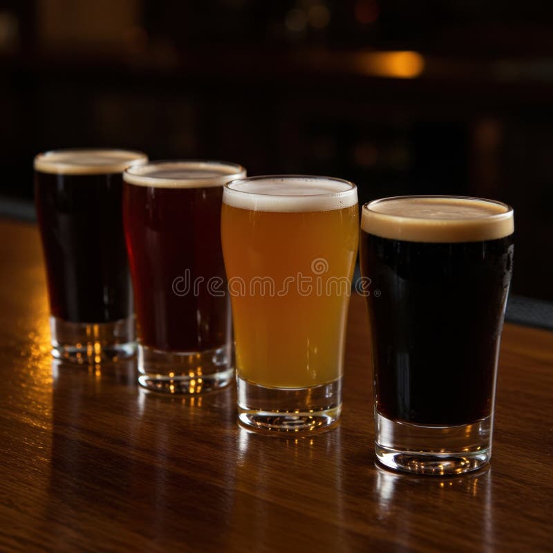 Four Beer Samples on Dark Wood Bartop Stock Image - Image of light ...