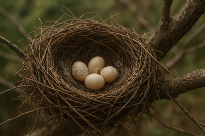 Four Beige Eggs in Bird Nest on Tree Branch Surrounded by Nature Stock ...