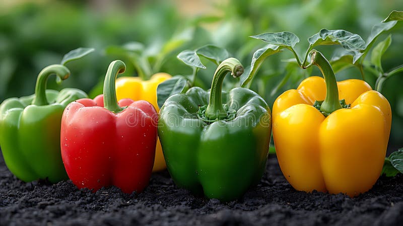 Four Bell Peppers, Red, Green, Yellow, in a Row on Soil Stock ...