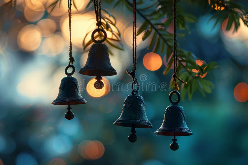 Vintage Bells Hanging from Tree Branches with Bokeh Background in ...