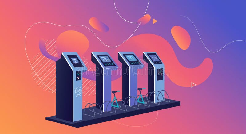 Four Bicycle Docking Stations with Digital Screens are Aligned on a ...