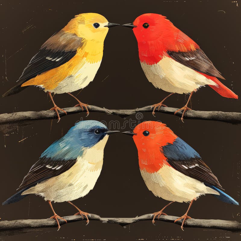 Four Birds of Different Colors are Sitting on a Branch Stock Image ...