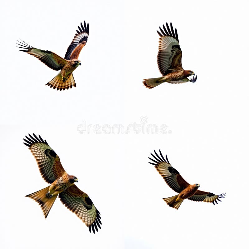 Four Birds in Flight on Isolated Background. Brown Kestrel, White Eagle ...