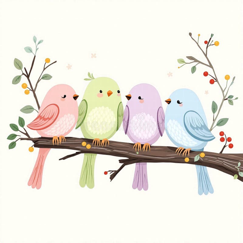 Four Birds Sitting on a Branch, One of Which is Blue Stock Illustration ...