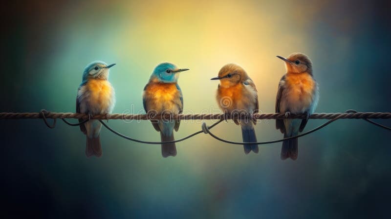 Four birds sitting on wire stock photo. Image of colored - 288652318