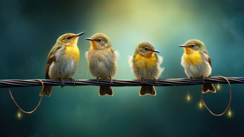 Four birds sitting on wire stock illustration. Illustration of beak ...