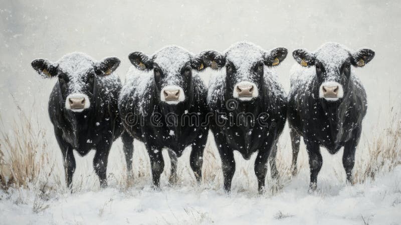 Four Black Angus Cows Standing in a Snowy Field Stock Illustration ...