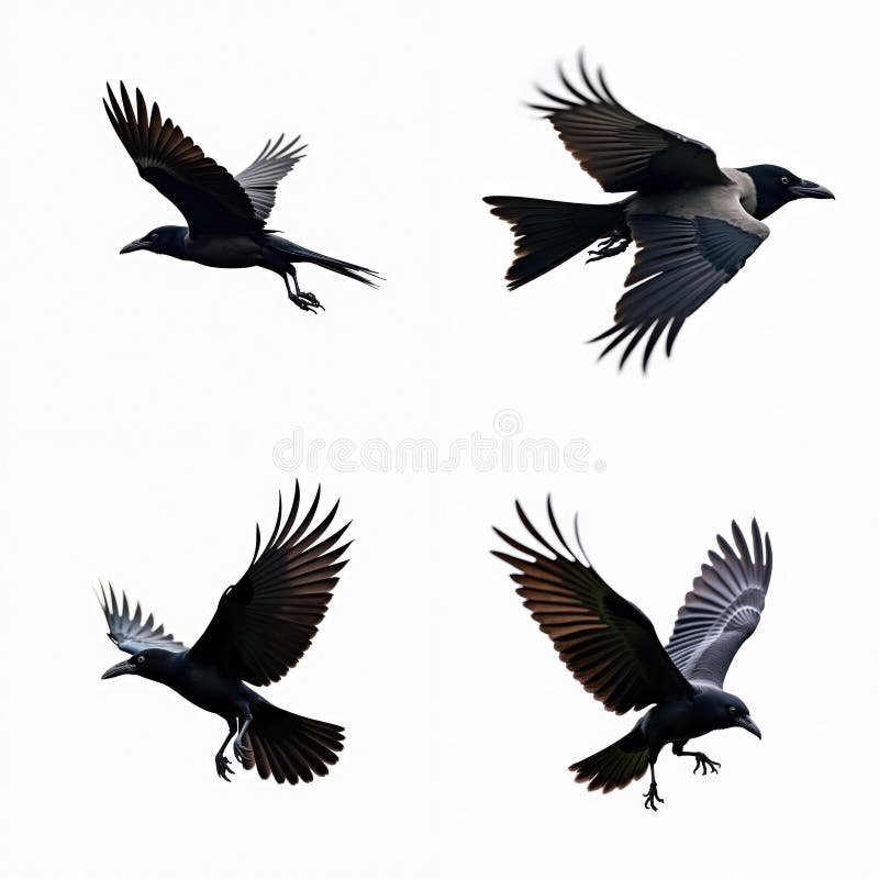 Four Black Birds Soar through the Sky, Flying in Different Directions ...