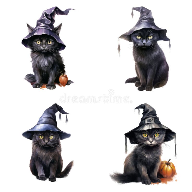 Four Black Cats Dressed As Witches for Halloween Stock Photo ...