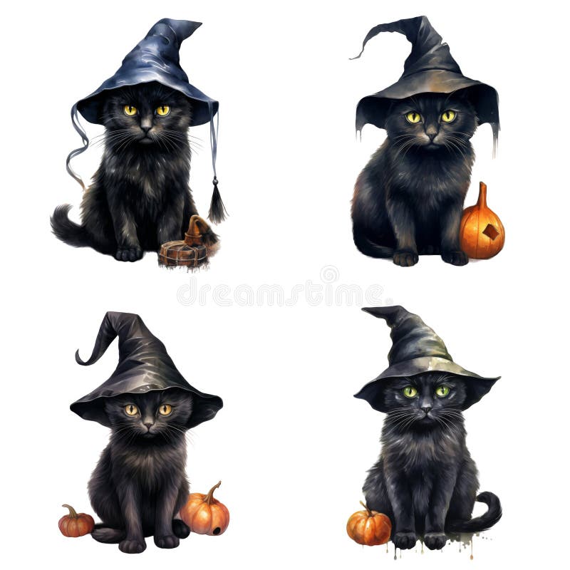 Four Black Cats Dressed As Witches with Pumpkins Stock Illustration ...