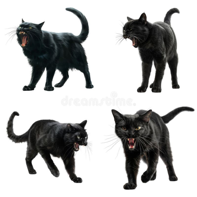Four Black Cats with Open Mouths and Claws Out Stock Illustration ...