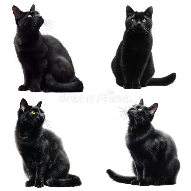 Four Black Cats Sitting with Different Poses and Expressions Stock ...